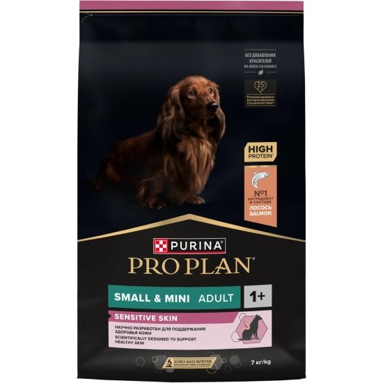 Корм сухой для взрослых собак мелких и карликовых пород Pro Plan Small & Mini Adult 1+ SENSITIVE SKIN с чувствительной кожей, с высоким содержанием лосося, 7 кг