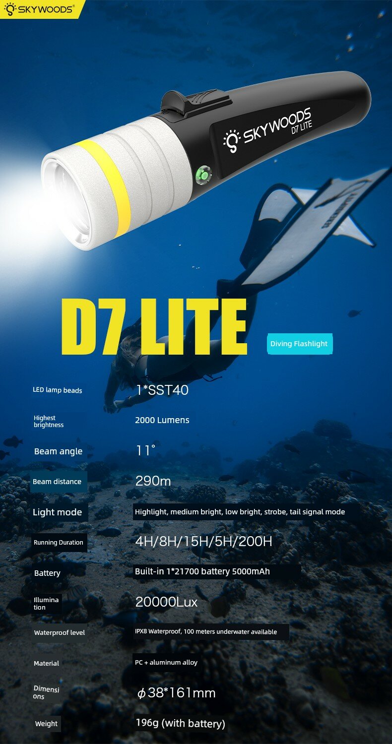 D7 Lite водонепроницаемый фонарь с 2000 люменами для пещерного спорта