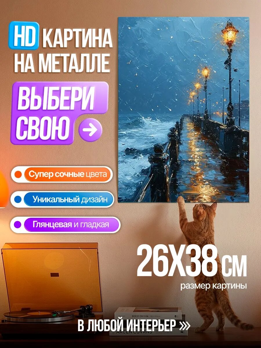 Картина на HD металле Ночной пирс под дождем