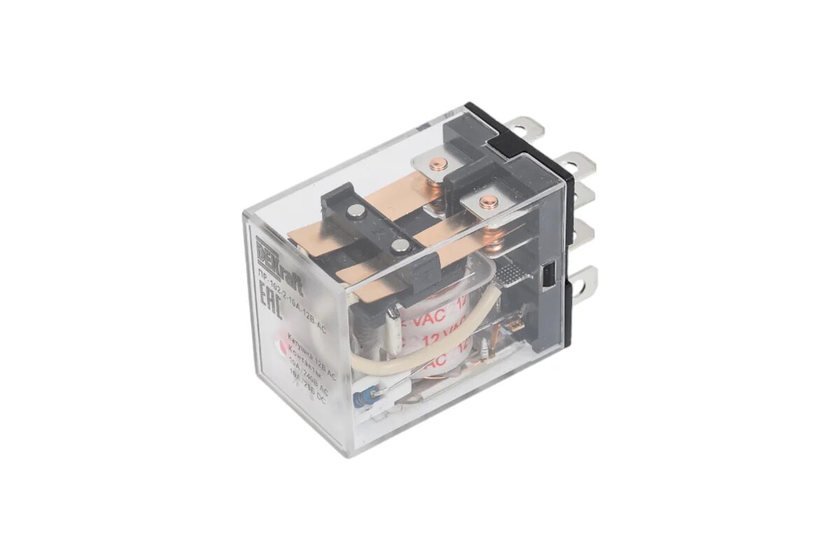 Промежуточное реле DEKraft 2‑контактное, LED инд, 10А, 12В AC, модель ПР-102