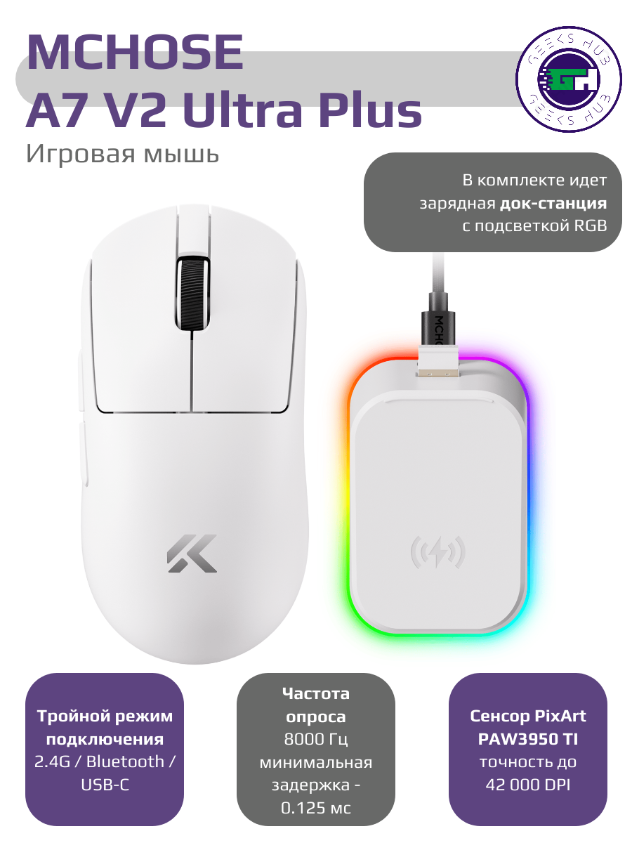 Игровая мышь MCHOSE A7 V2 Ultra Plus, 3 режима подключения, док-станция в комплекте