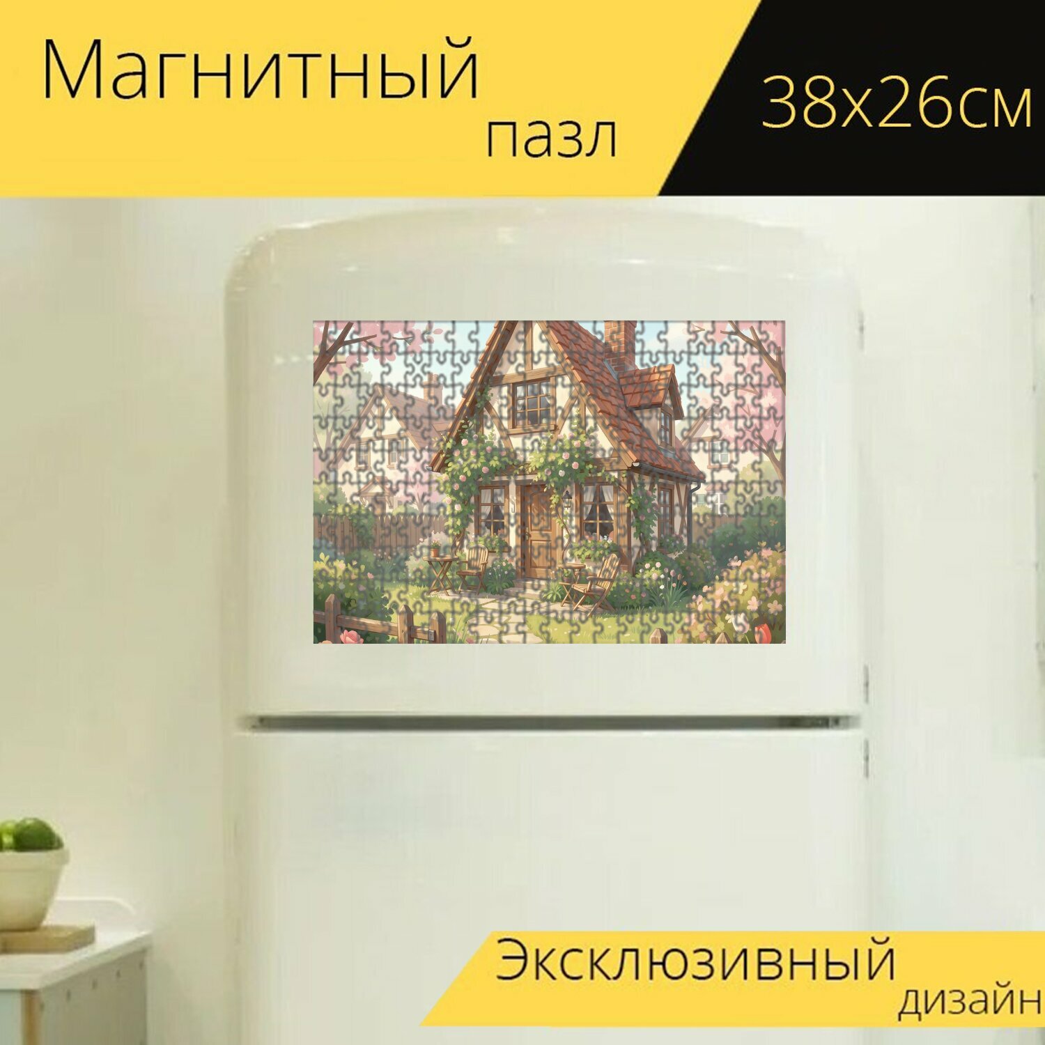 Магнитный пазл "Уютный дом в цветущем саду. Милый европейский коттедж с крутой крышей, каменной дорожкой, террасой и садовой мебелью. Пастельная иллюстрация." для интерьера, 38х26 см.