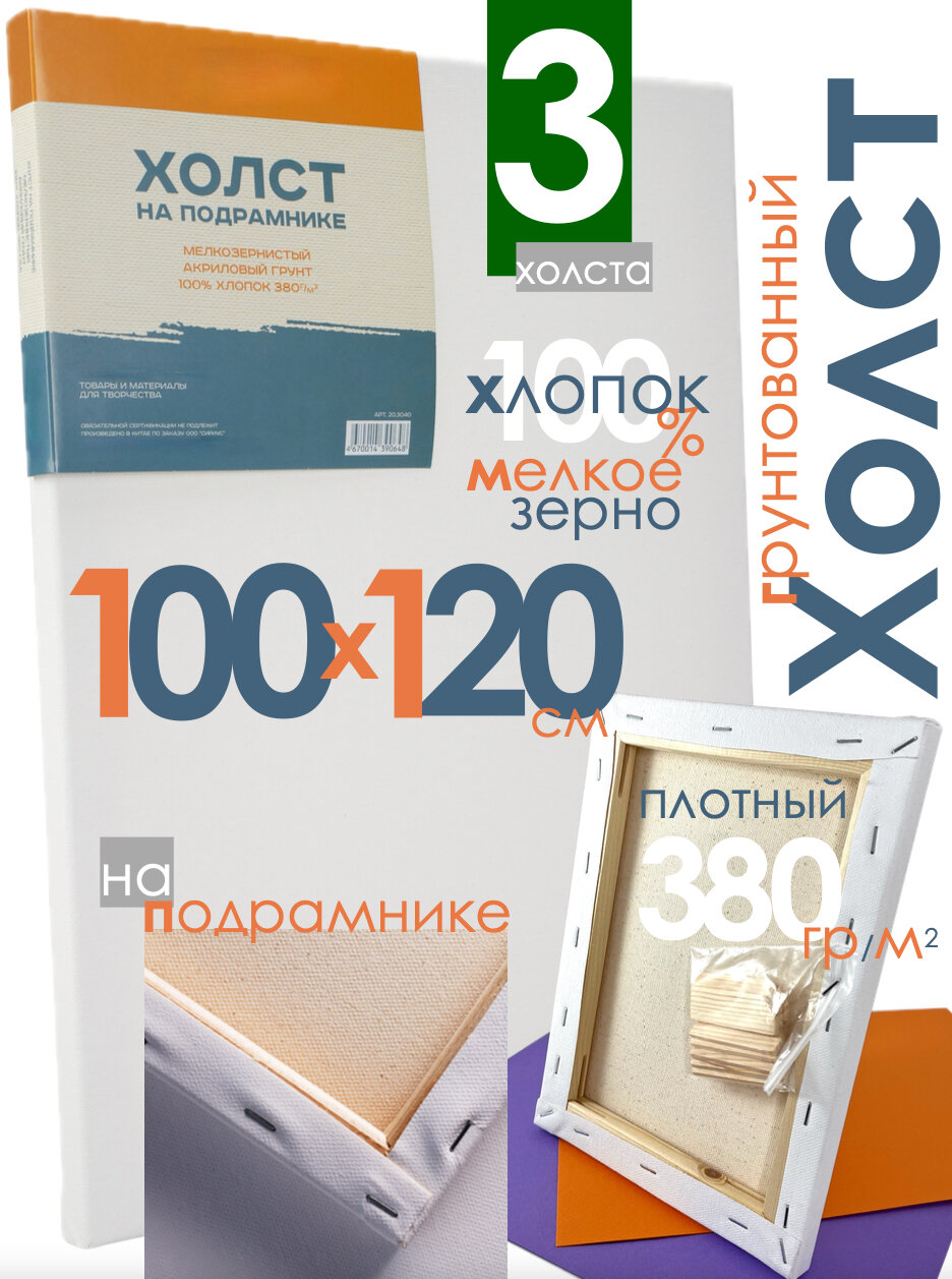 Холст на подрамнике 100х120 см, Комплект 3 шт, хлопок Пинакс, мелкозернистый, 380 гр/м2