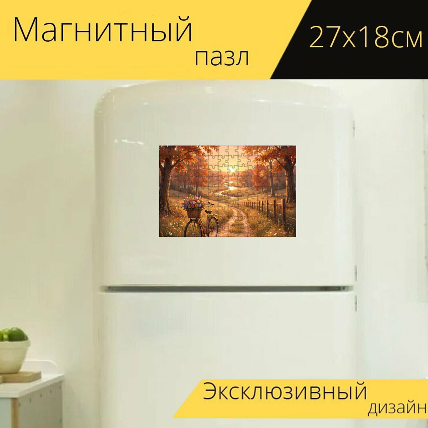 Магнитный пазл "Велосипед с цветами в осеннем пейзаже. Уютная живописная сцена: ретро-велосипед с корзиной ярких цветов на сельской тропинке, золотая." на холодильник 27 x 18 см.