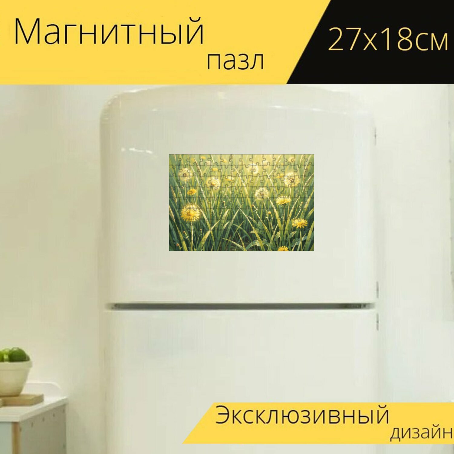 Магнитный пазл "Луговые одуванчики в утреннем свете. Солнечная поляна с пушистыми цветами, высокой травой и мягкими бликами. Живописная иллюстрация в." на холодильник 27 x 18 см.