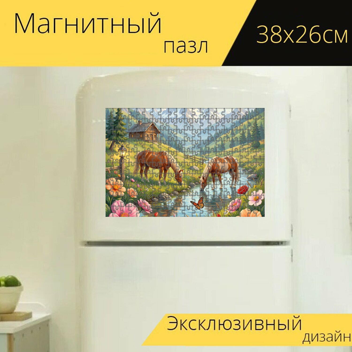 Магнитный пазл "Альпийская долина с лошадьми. Живописный летний вид: деревянный домик, ручей, пасущиеся кони, цветущий луг, бабочка, заснеженные вершины и." для интерьера, 38х26 см.