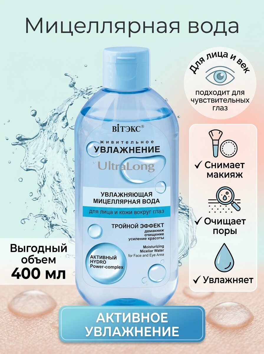 Увлажняющая мицеллярная вода для лица и кожи вокруг глаз, Витэкс Увлажнение UltraLong 400 мл