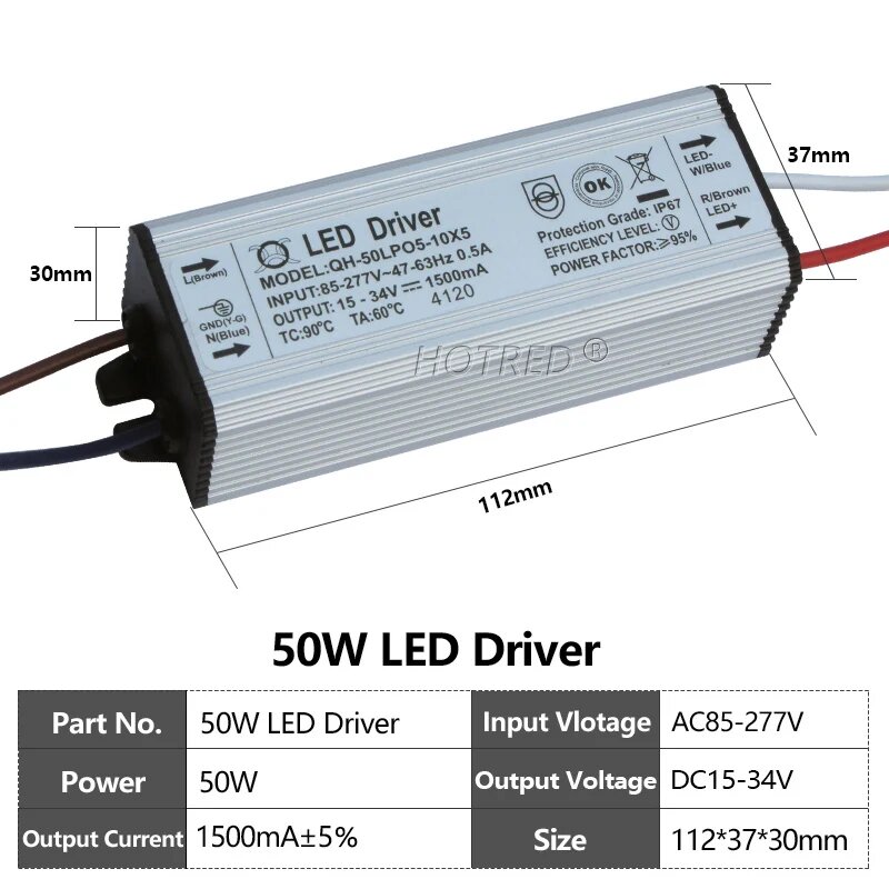 LED Driver 50W AC85-277V DC15-34V 1500mA HotRed
