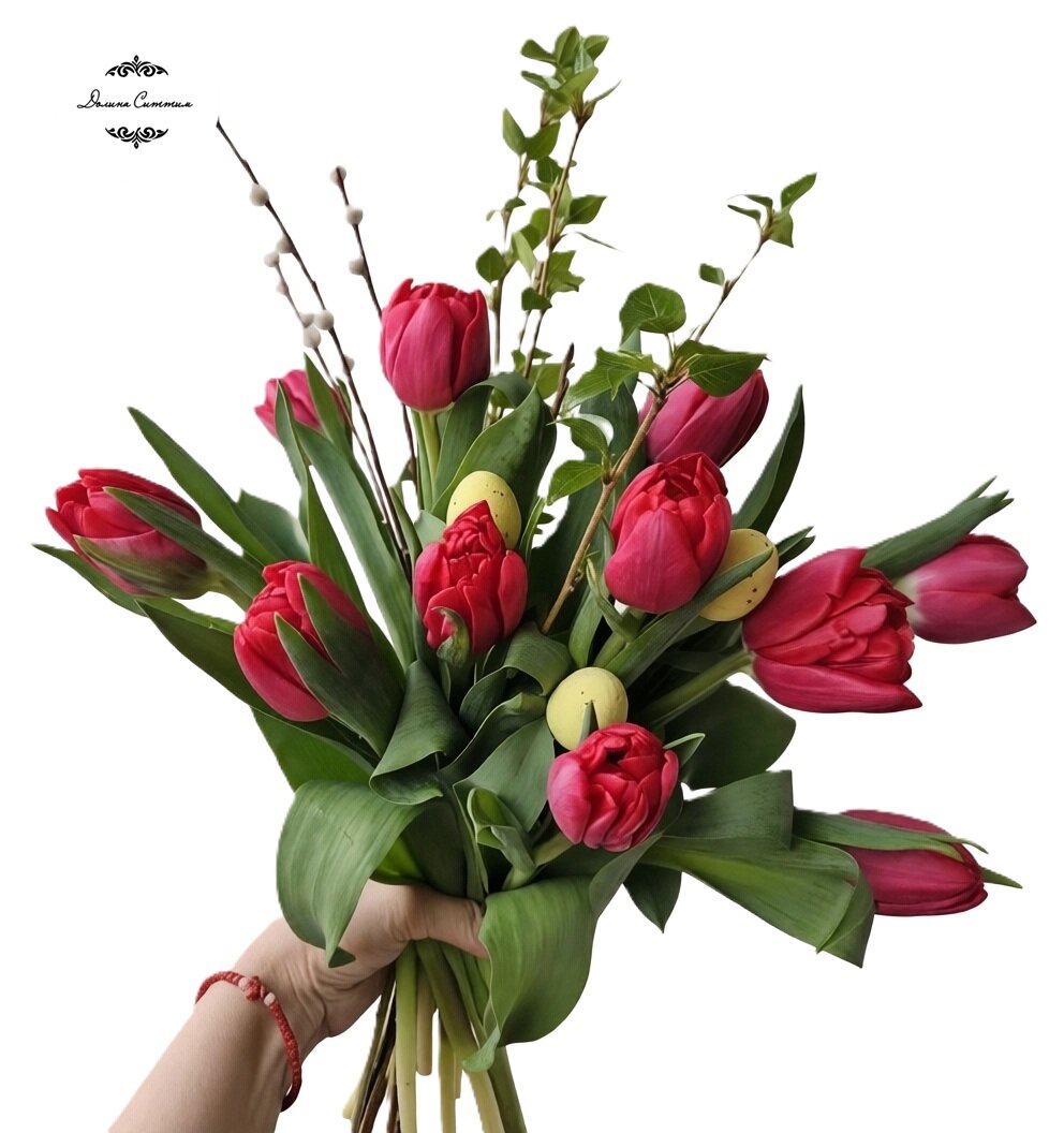 Пасхальный букет "Красный рассвет Пасхи" красные махровые тюльпаны 11 шт, ветви, пасхальный декор яйцо на шпажке — 3 шт, высота 35 см, оформление под ленту.