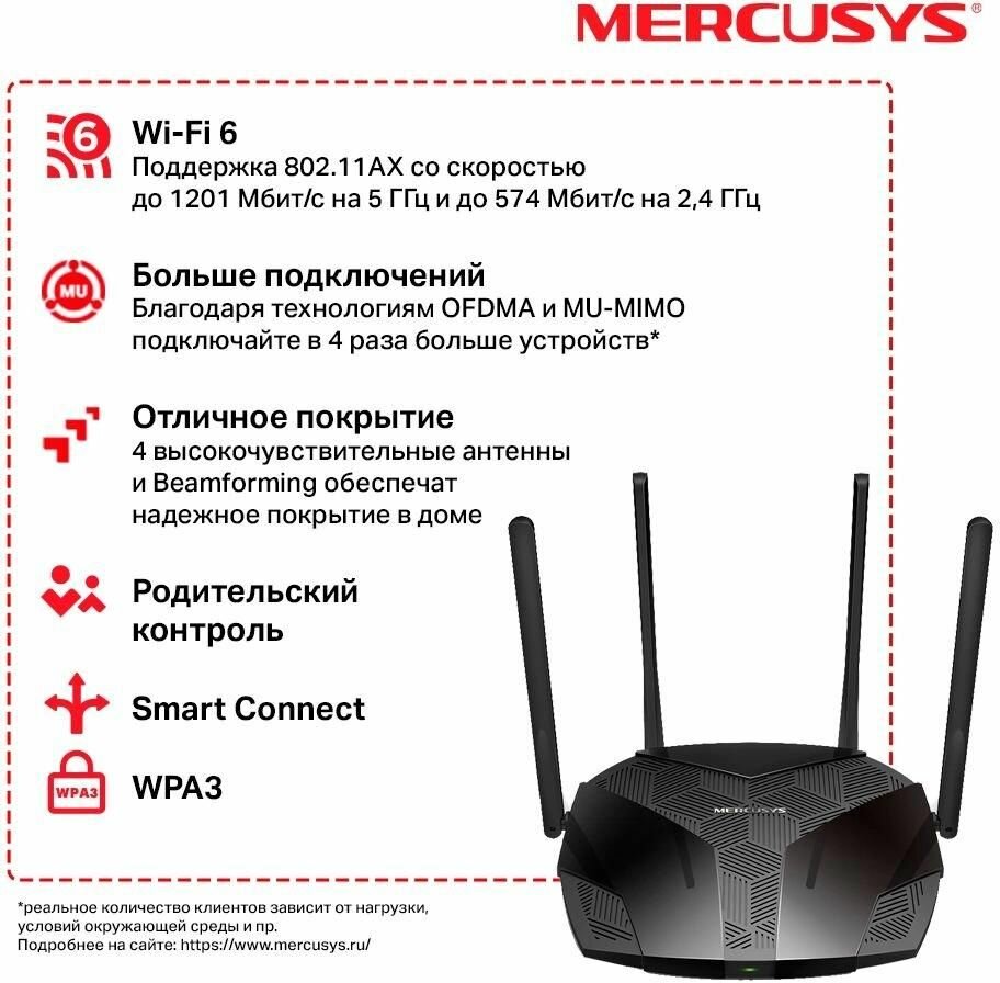 Роутер беспроводной Mercusys AX1800 10/100/1000BASE-TX черный (MR70X)