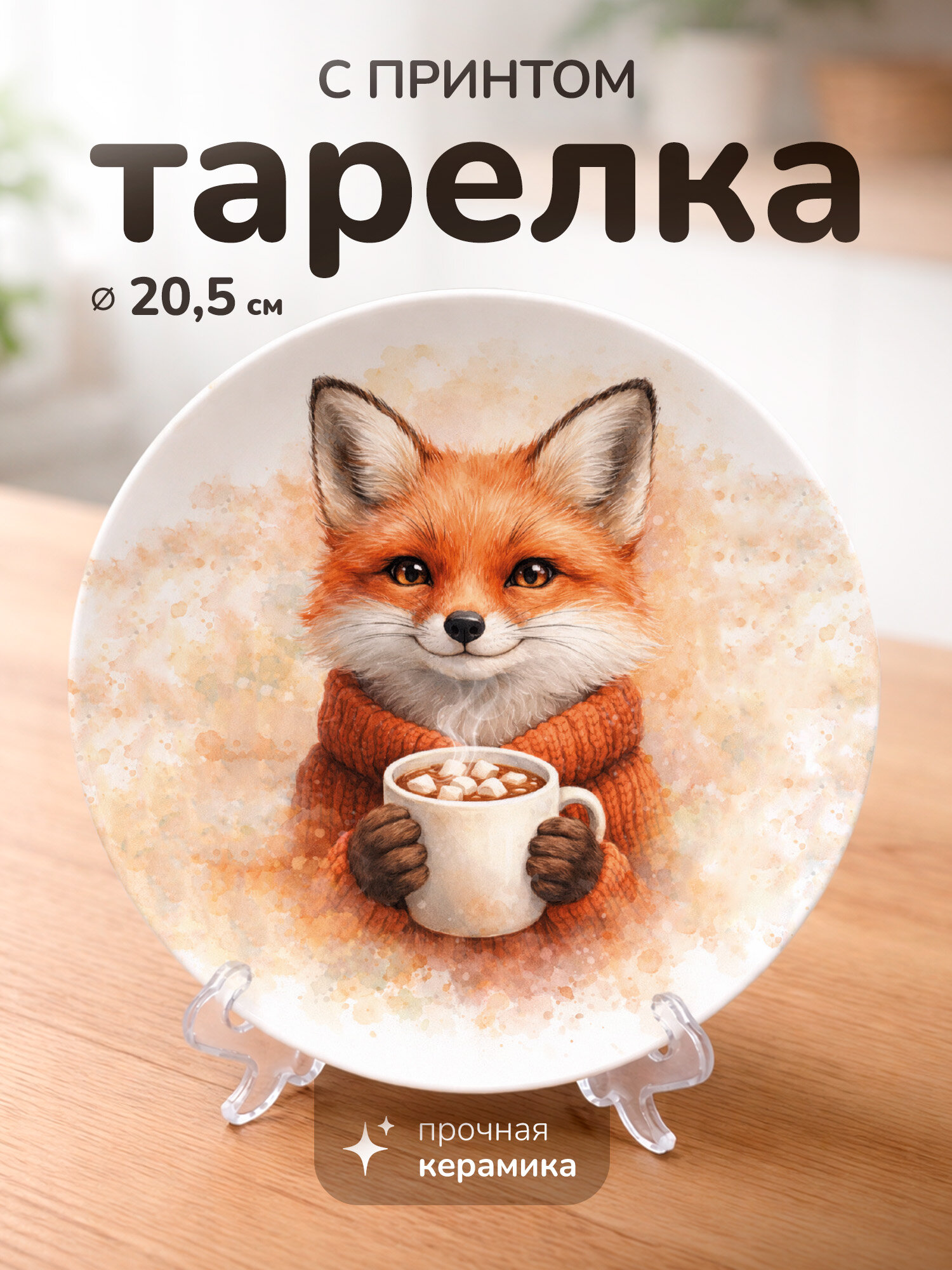 Тарелка с принтом "лиса с какао", керамика, 20 см, для СВЧ, с подставкой