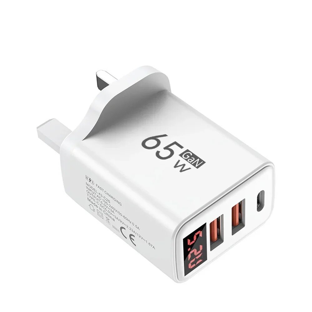 Зарядное устройство GaN 65W UK, Белое, с дисплеем