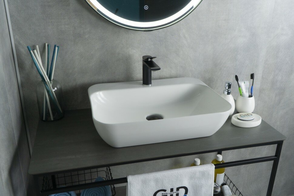 Раковина Gid Ceramic N9047, накладная, прямоугольная, белая, 55 см x 42 см x 15 см