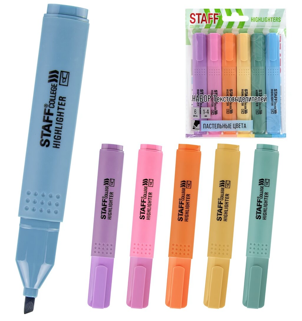 Текстовыделители 6 штук, пастельные цвета 1-4мм, серия College STICK PASTEL, скошенный наконечник