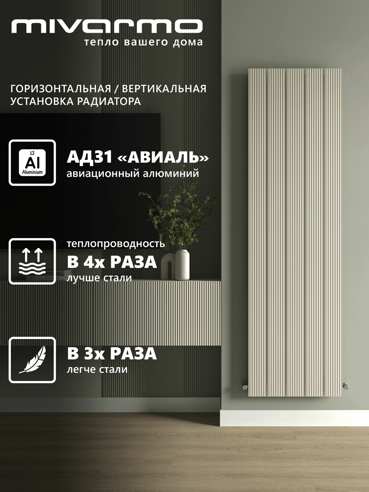 Вертикальный трубчатый радиатор отопления MIVARMO алюминиевый, 5 секций, RAL 1013 (жемчужно-белый), 175 см.