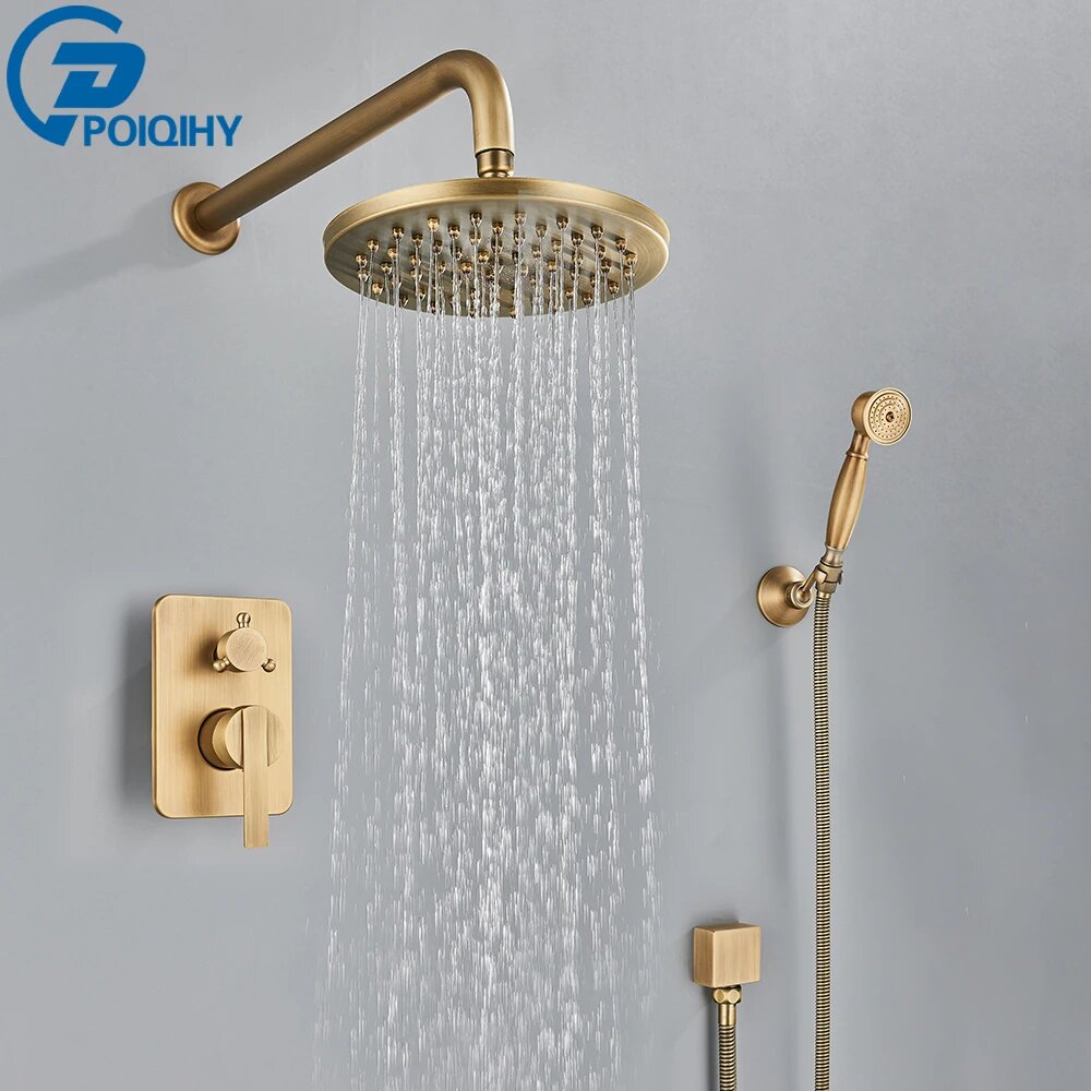 POIQIHY Древесно-бронзовый душевой смеситель Скрытый смесительный кран для душа Настенный монтаж Водяной набор для ванной и душа 8-дюймовый медный дождевой душевой головка-Древесно-бронзовый A2