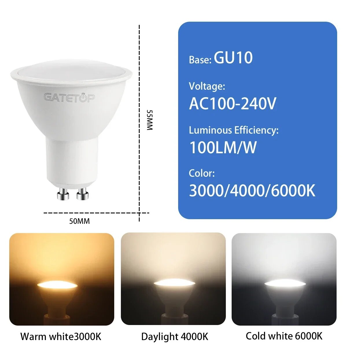 Светодиодная лампа Gatetop GU10, 9W, 3000/4000/6000K