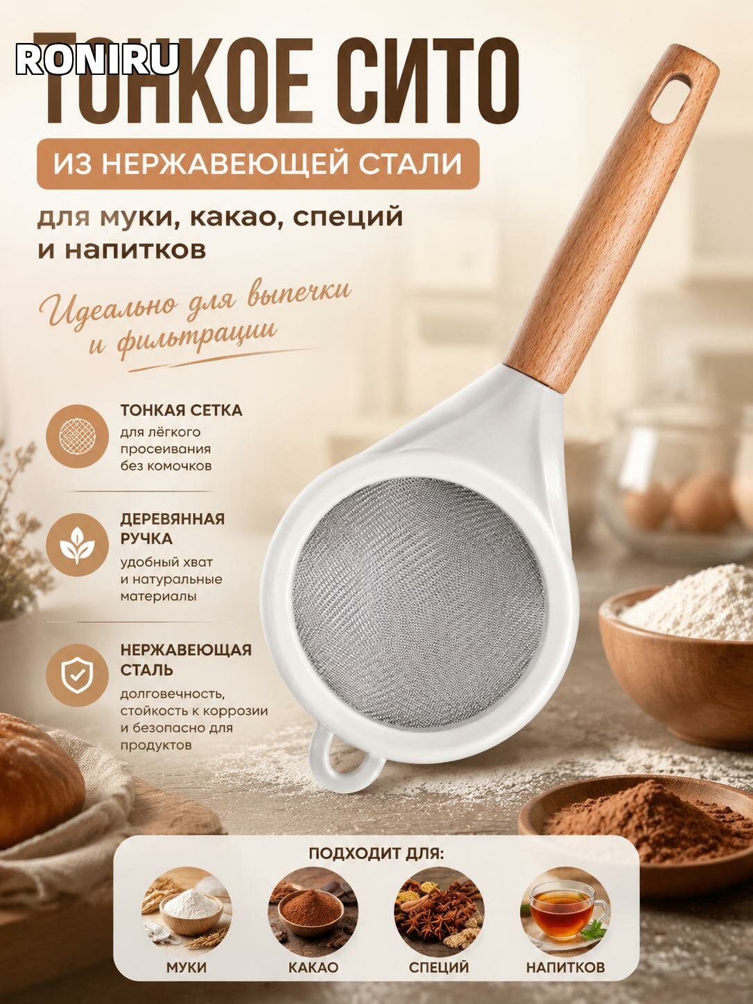 Тонкое сито из нержавеющей стали с деревянной ручкой для муки, какао, специй и напитков — для выпечки и фильтрации