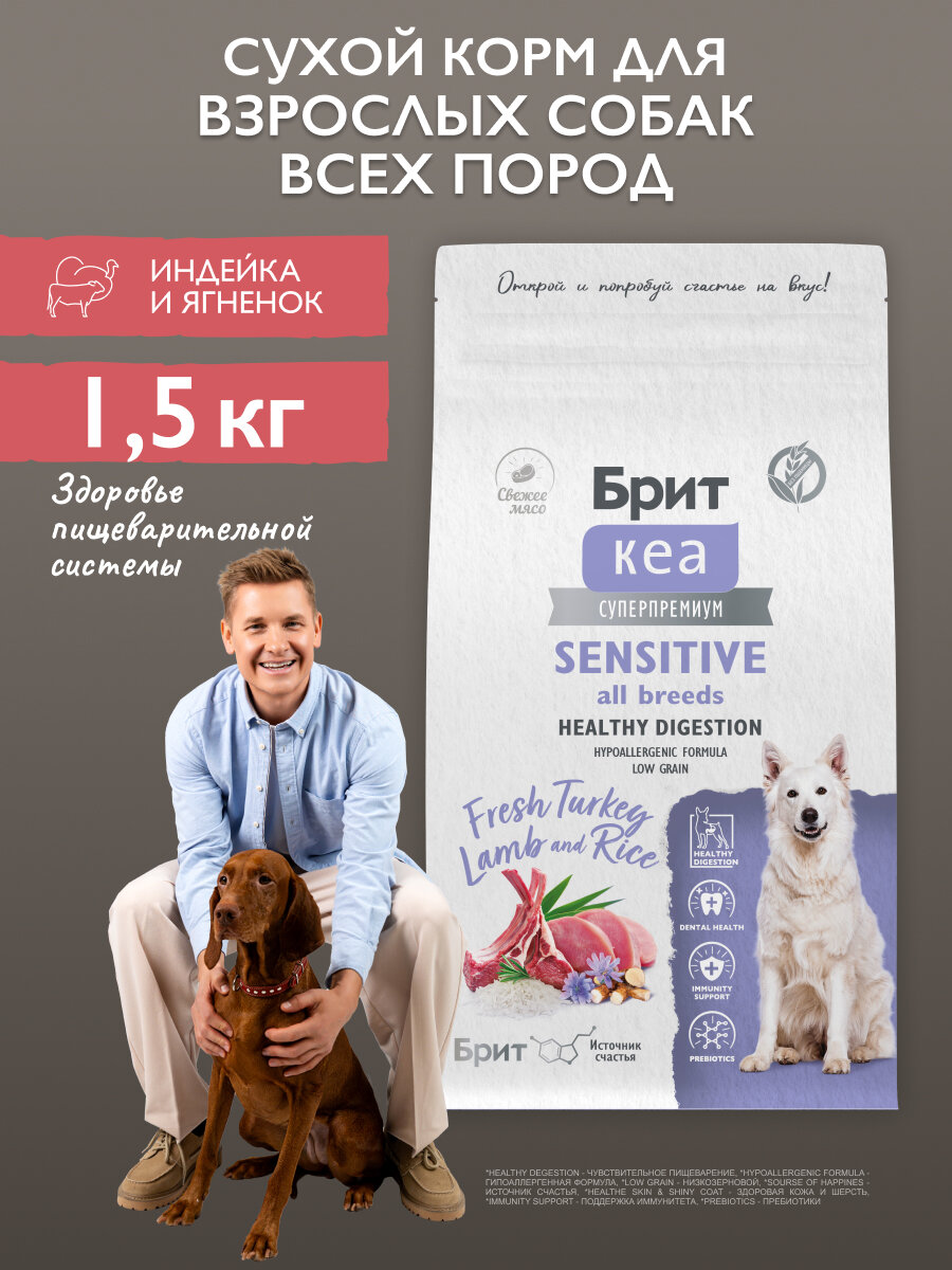 Сухой корм для собак всех пород с индейкой и ягненком 1,5 кг Брит Кеа