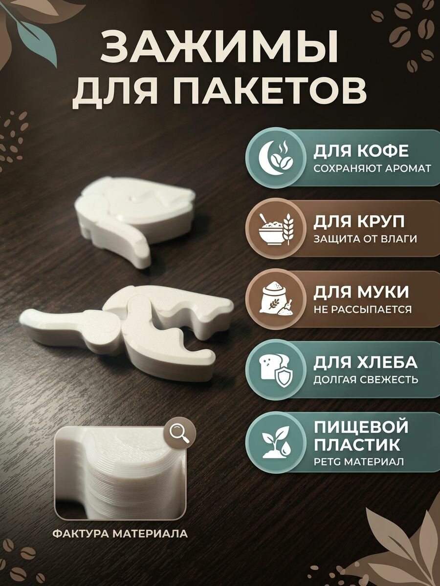 Зажимы для пакетов с едой PETG 2 шт сохранение свежести кофе, круп и хлеба, пищевой пластик