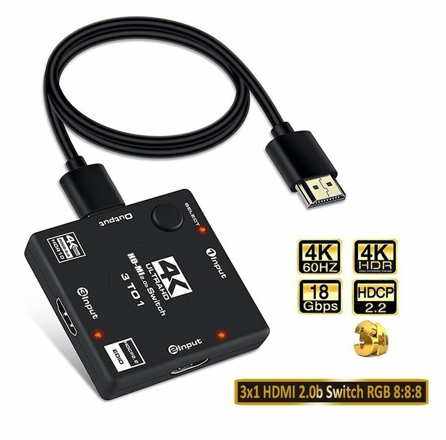 Разветвитель сплиттер HDMI 3 порта на 1 порт HDMI 4K HDR + кабель HDMI 1,2 м