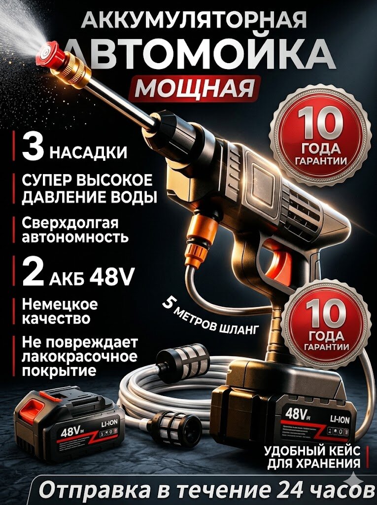 Мойка высокого давления аккумуляторная для автомобиля, Автомойка, в кейсе 2 аккумулятора, 3 насадки