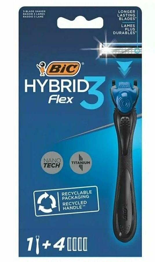 BIC Бритвенный станок многоразовый Flex 3 Hybrid + 4 кассеты, система с 3 лезвиями,