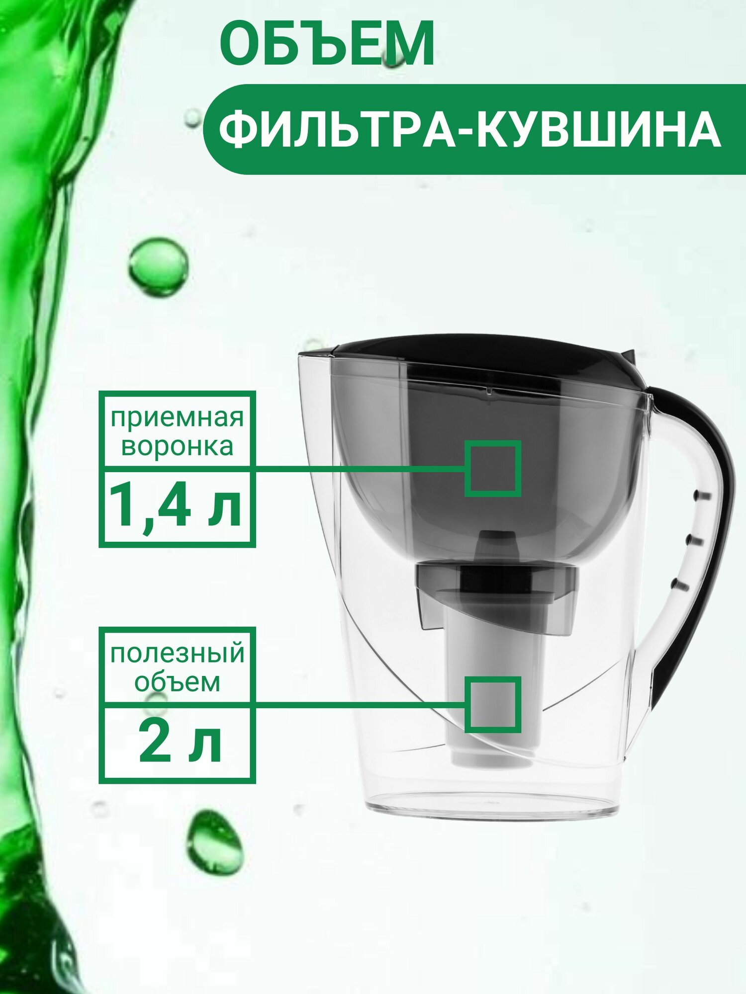 Фильтр-кувшин Гейзер Аквариус черный, объем 3,7 литра, ресурс 350, эффективная очистка воды от различных примесей, 62025