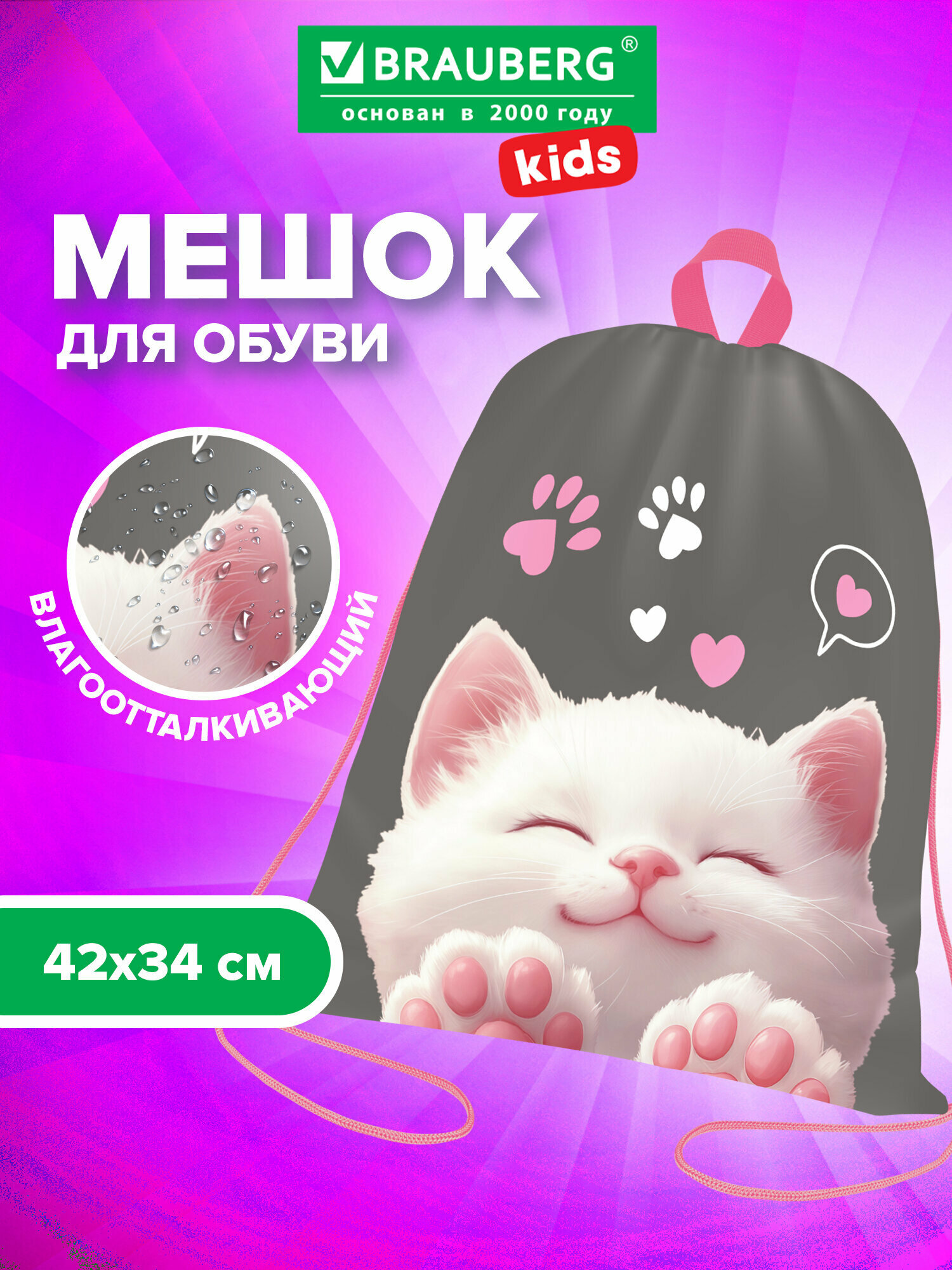 Мешок для обуви, сумка для сменки в школу, чехол детский плотный с петлей, 42х34 см, Brauberg Kids, Кот-мурлыка, 274640
