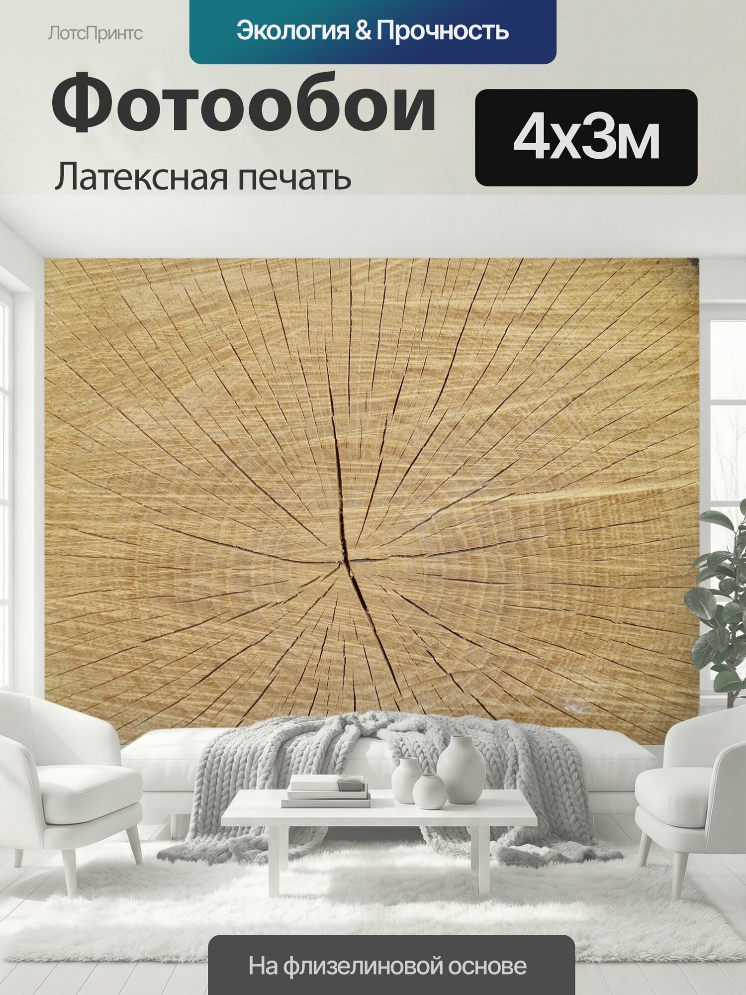 Фотообои моющиеся ударопрочные "Дерево, срез, текстура" 400x300 см. латексная печать