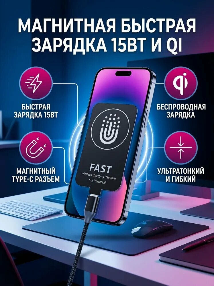 Универсальный магнитный приёмник беспроводной зарядки 10W, накладная наклейка Type-C для смартфонов