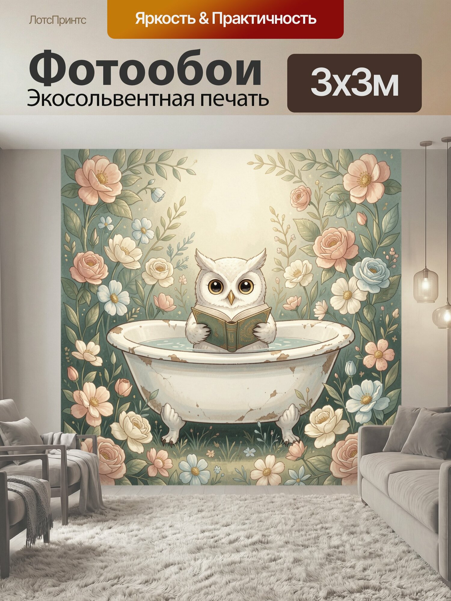 Фотообои "Сова с книгой в цветочном саду. Милая сказочная иллюстрация: белая сова читает среди нежных роз, ромашек и ветвей, сидя в винтажной." 300x300 см. экосольвентная печать