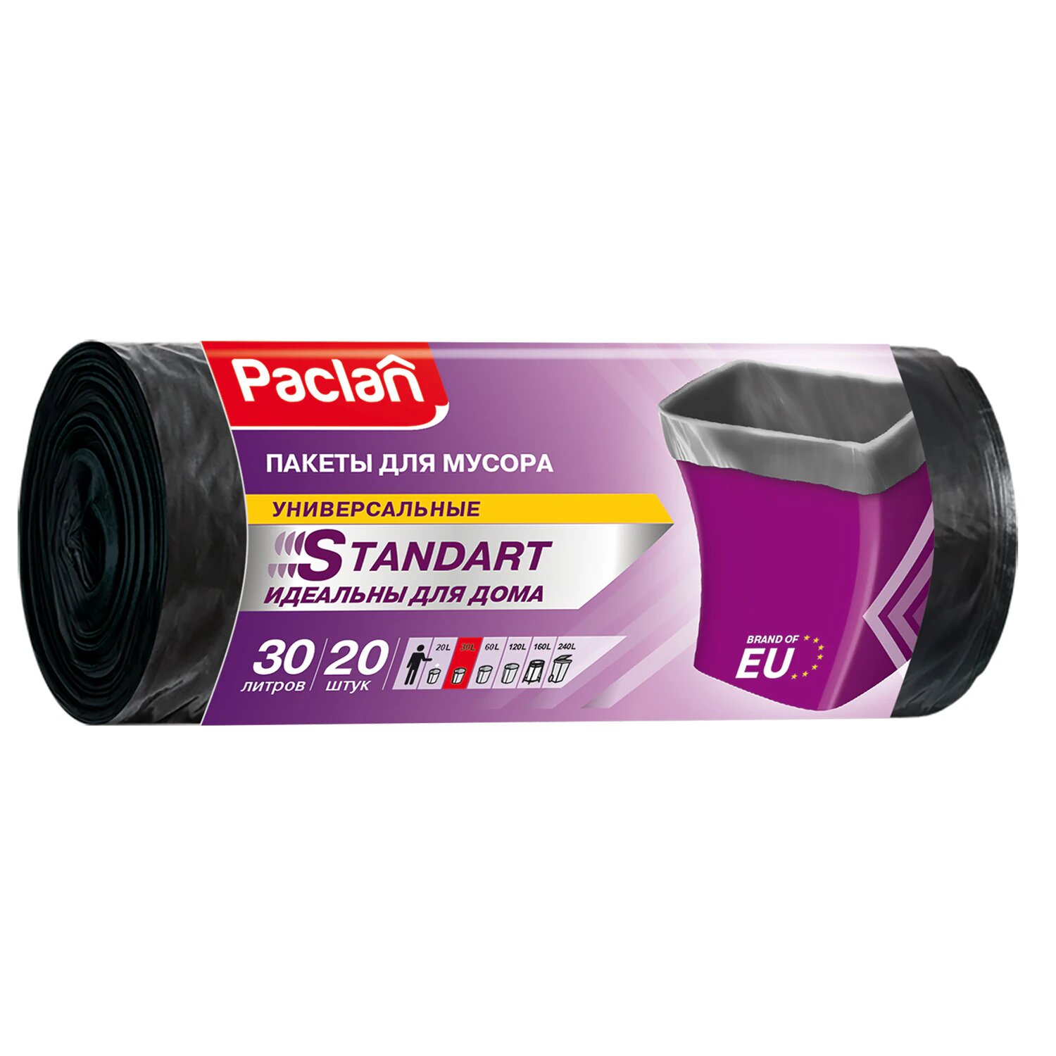 Мешки для мусора 30 л, черные, в рулоне 20 шт, ПНД, 7,3 мкм, 50х60 см, PACLAN "Standart", 403211