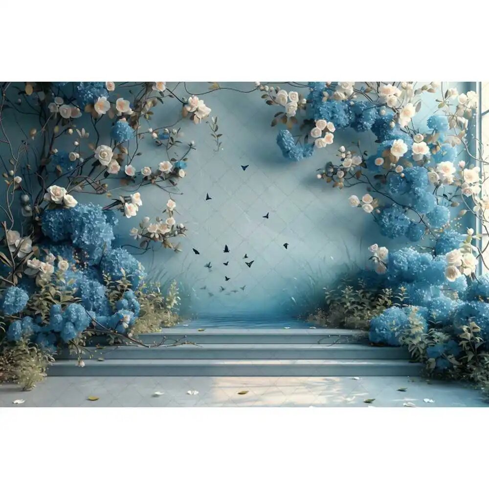 Фоновое полотно синее 220x150см, цветочный рисунок, X01931