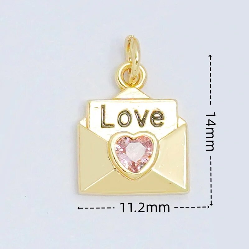 Подвеска Love в конверте, латунь, цирконий, 14 мм, DZ7218-Gold