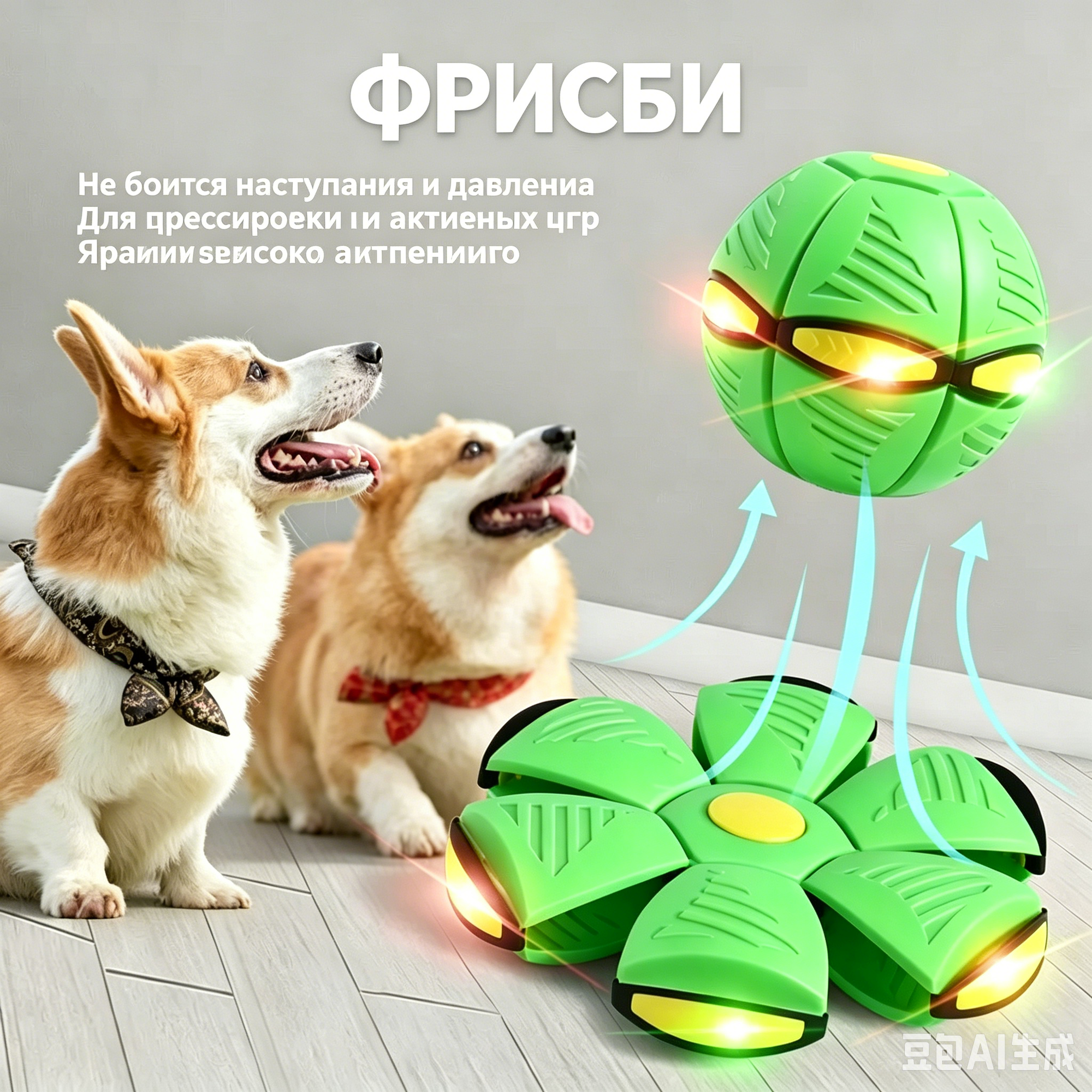 Бумеранг для активного отдыха, Прочная дискообразная игрушка для собак, 22 см, с 6 подсветками - Зеленая