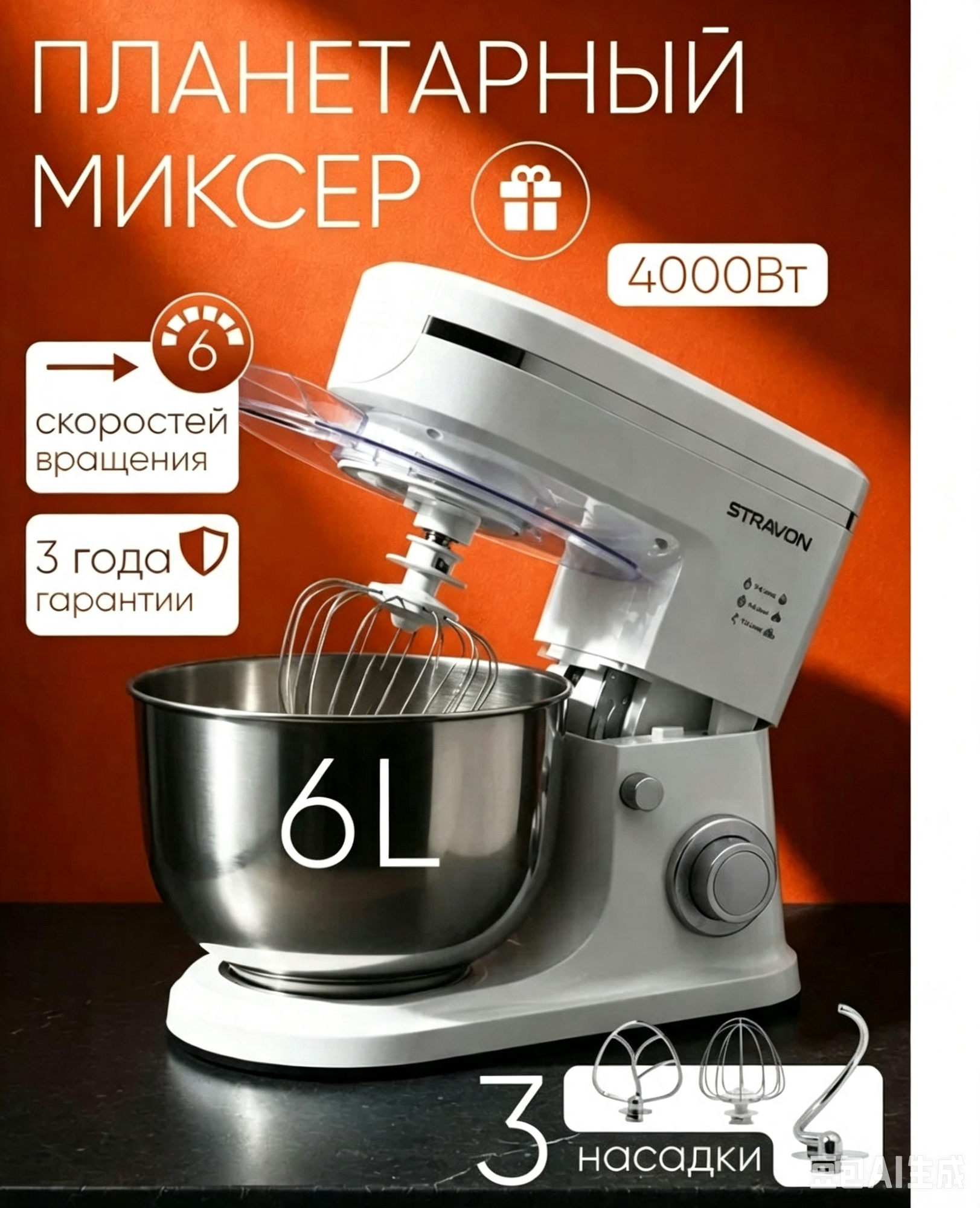 Планетарный миксер STRAVON 6 л, 4000 Вт, 6 скоростей, 3 насадки, гарантия 3 года