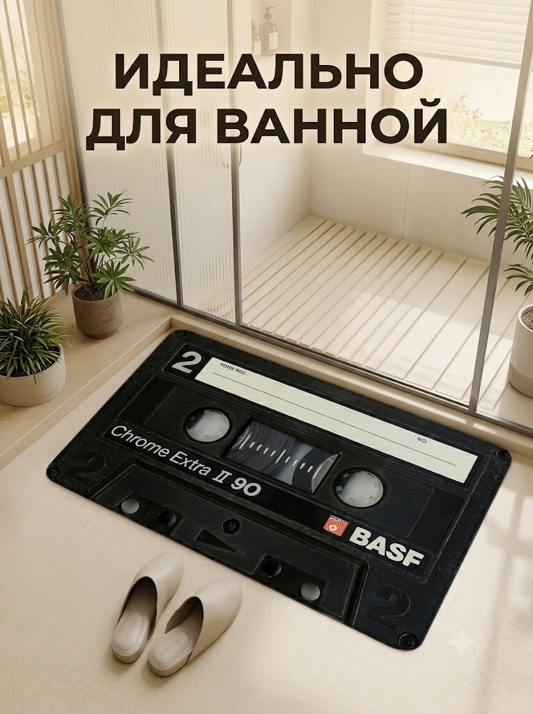 Коврик для ванной и прихожей, ретро аудиокассета, впитывающий, фланель, черный, 40х60 см