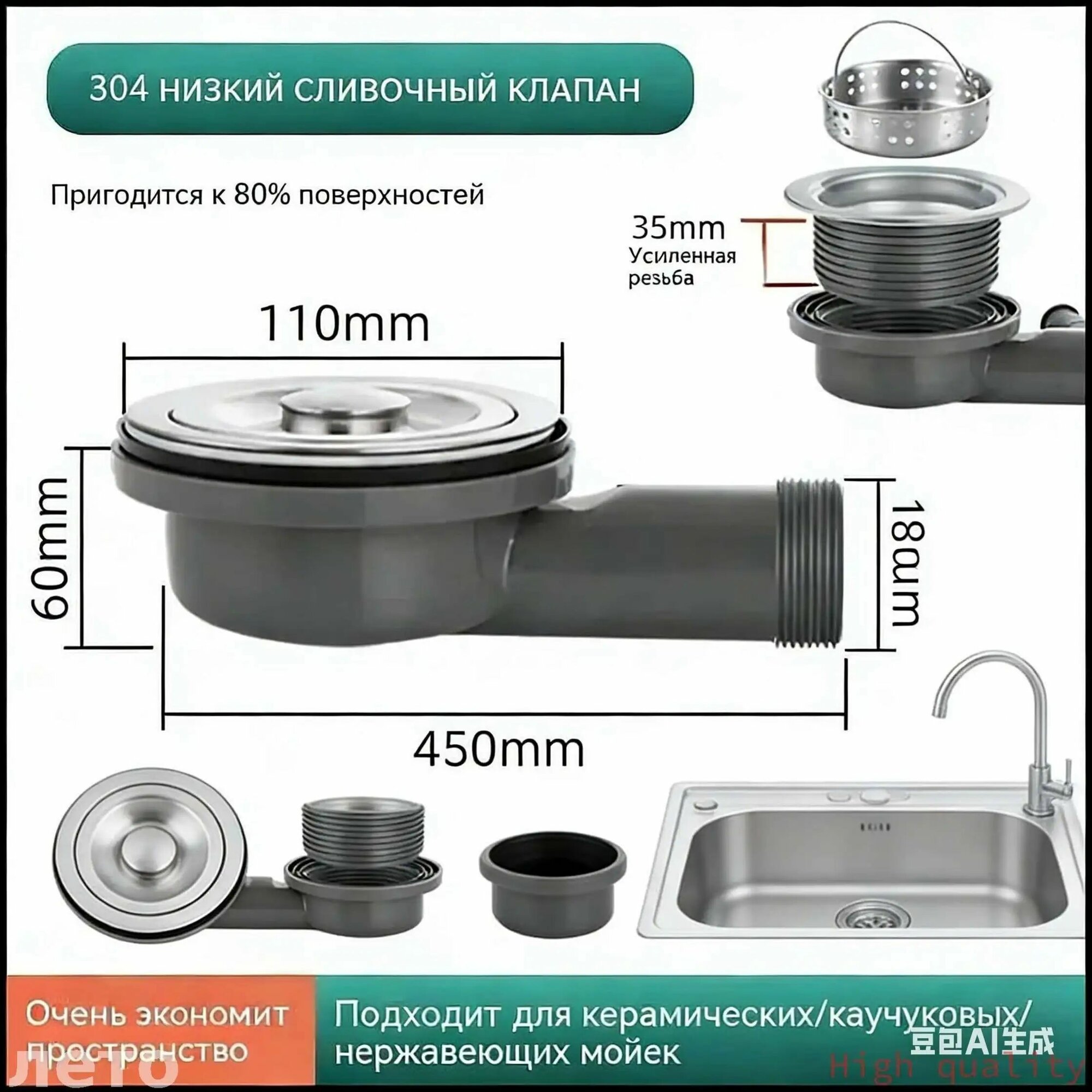 Самый популярный в 2026 годуСифон для кухонной мойки плоский без перелива
