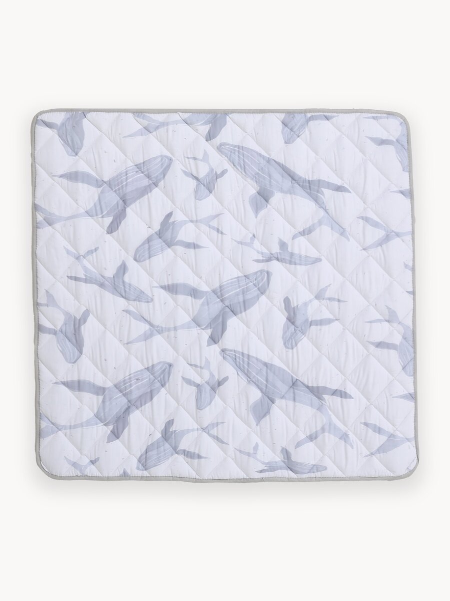 Коврик детский для ползания и игр стеганый UNIX Kids Океан / Ocean Киты для новорожденных и малышей, мягкий, 130 × 130 см