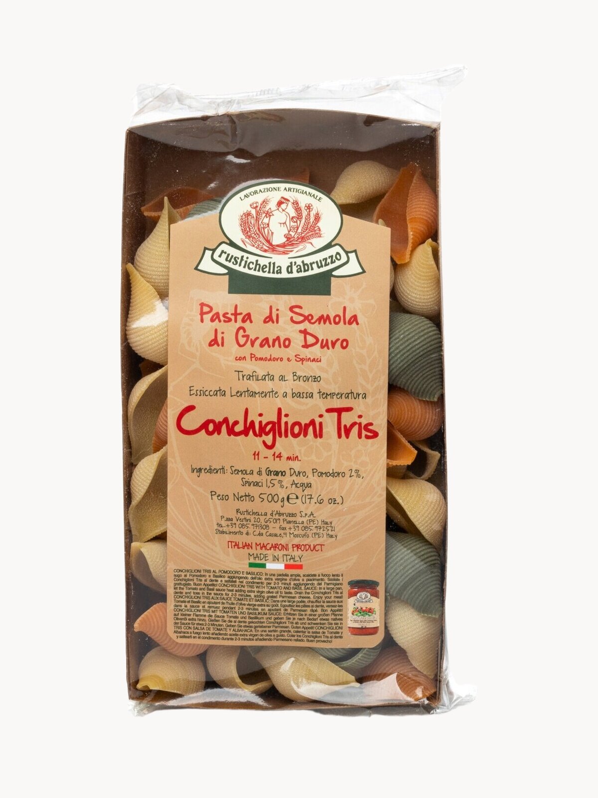 Макаронные изделия Rustichella d'Abruzzo Конкильони со шпинатом и томатами, 500 г
