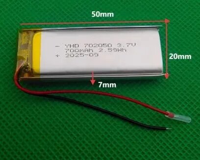 Литий-полимерный аккумулятор 702050 3.7V 700mAh (7.0x20x50 мм) Li-Po батарея с платой защиты, 2 провода