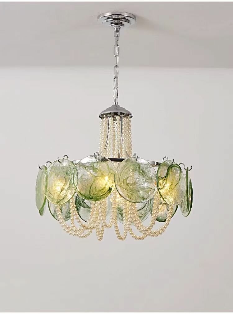 Люстра , E14, LED, 15-20 кв. м, стекло, ручная работа, с жемчугом, зелёный,60cm8 голов