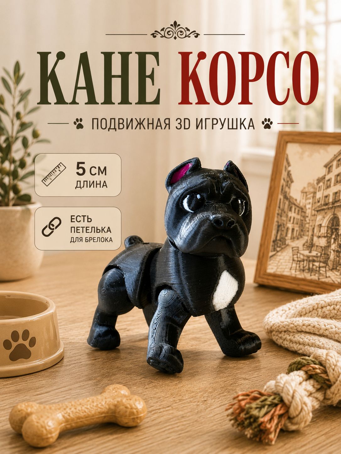 Фигурка Кане-корсо чёрный 3D, подвижная миниатюра собаки, 5 см, PLA