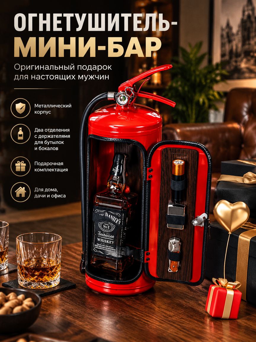 Мини-бар в виде огнетушителя (подарок) с держателями для бутылок, красный, черный