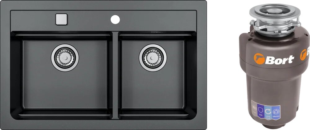 Комплект Мойка Alveus Atrox Granital 50 79x50, карбон, искусственный гранит / Измельчитель Bort Titan Max Power электрический, нержавеющая сталь, Full Control