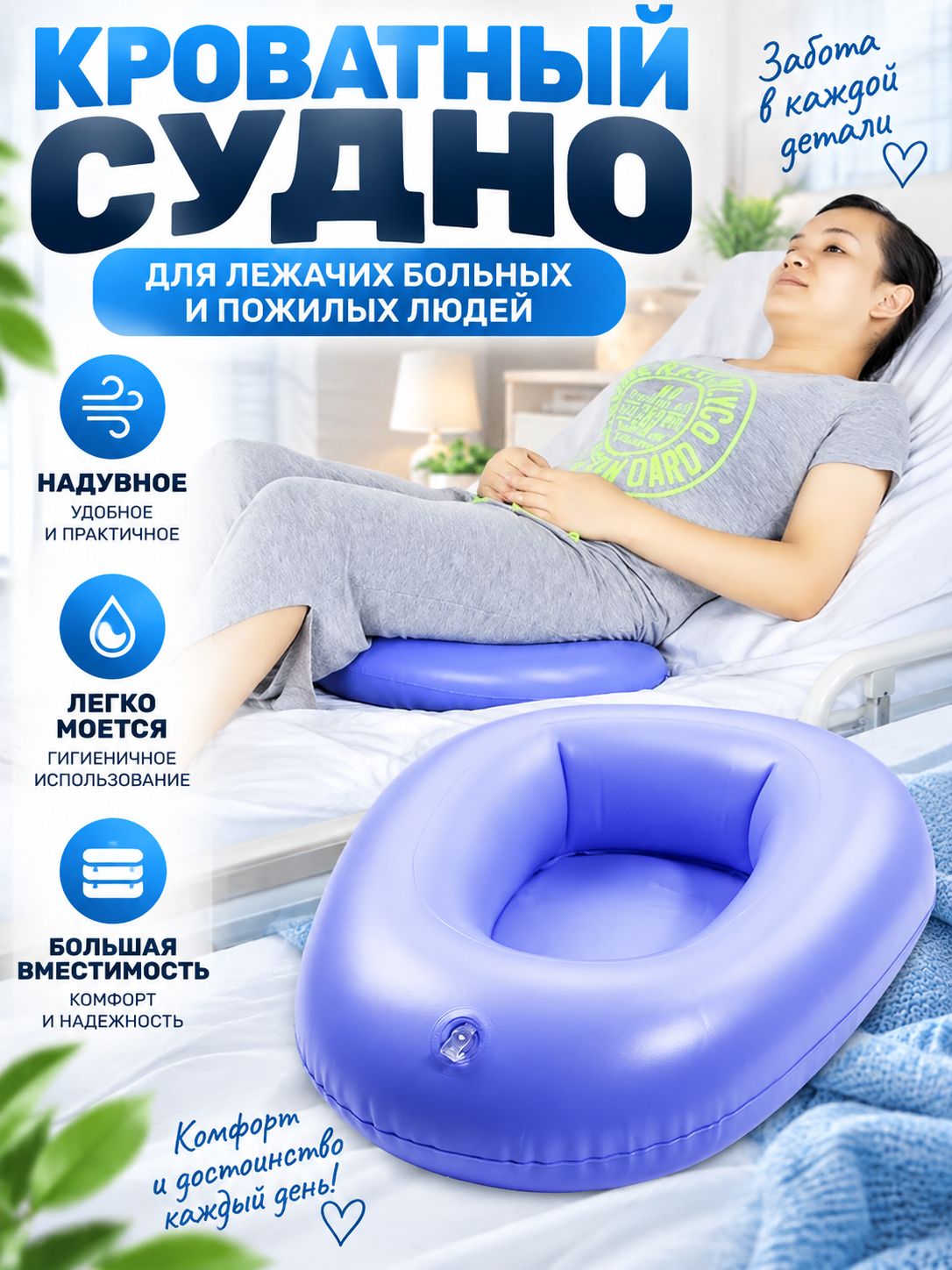 Надувное судно с герметичным клапаном, эргономичный дизайн для лежачих пациентов