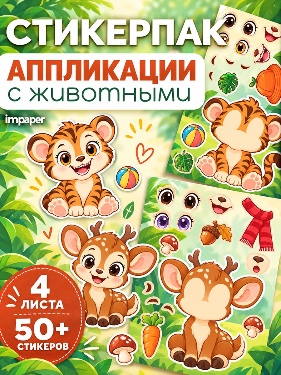 Набор наклеек с животными, аппликации детям