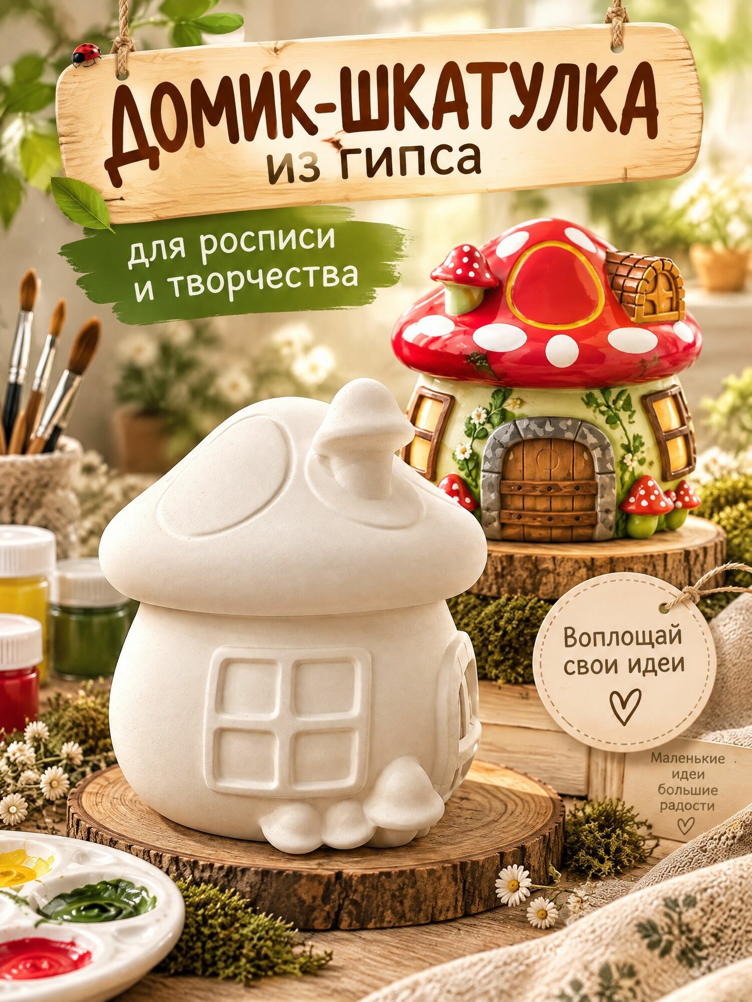 Подсвечник шкатулка для росписи заготовка для творчества "Сказочный грибной домик"