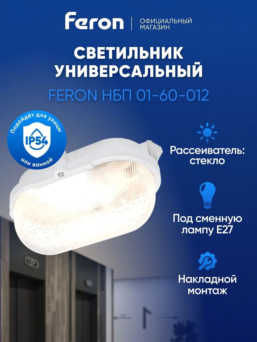 Светильник потолочный накладной Е27, 60Вт IP54, овал, Feron НБП 01-60-012 41405